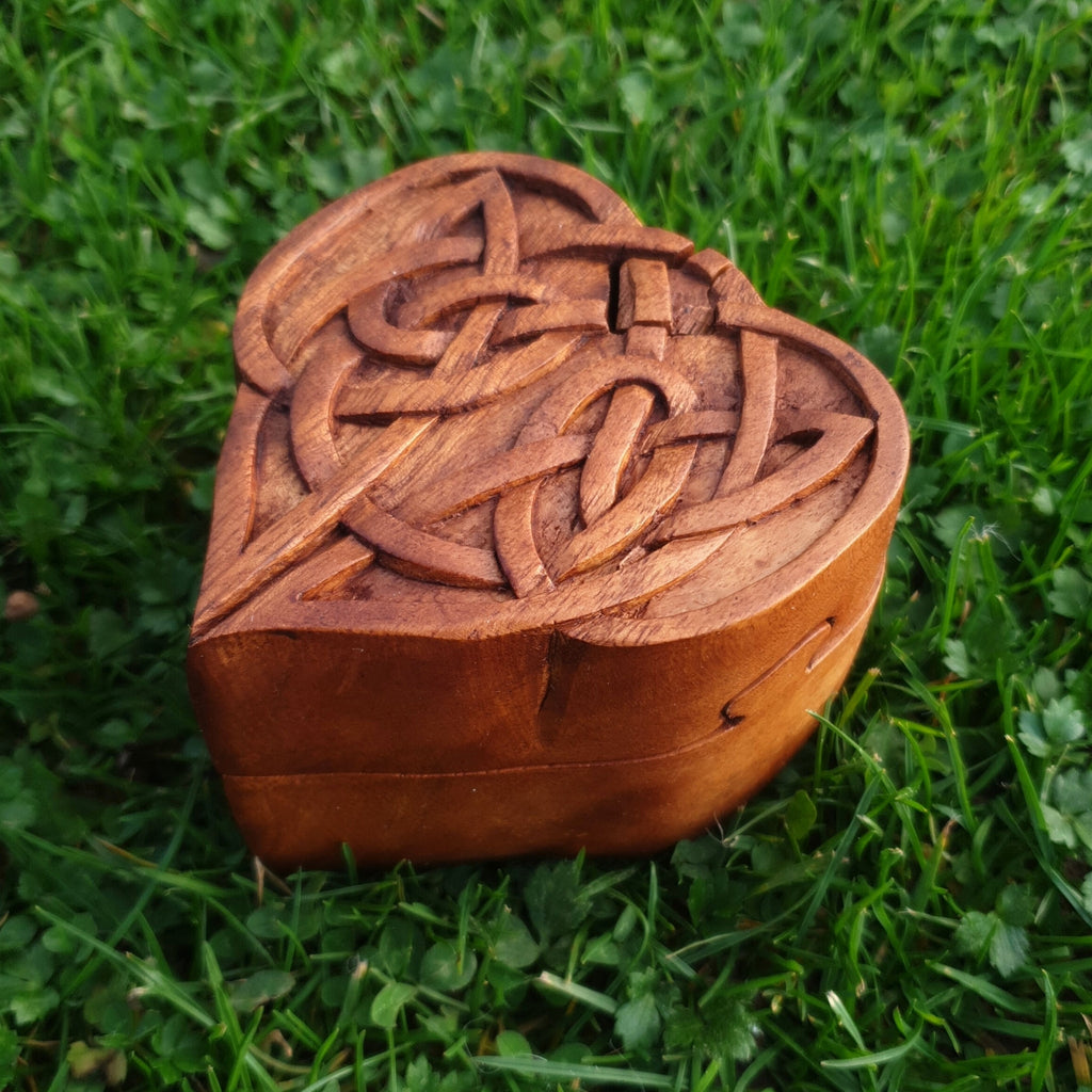 Hand Carved Wooden Trinket Jewellery Puzzle Box, Celtic Love Heart – SHRINE